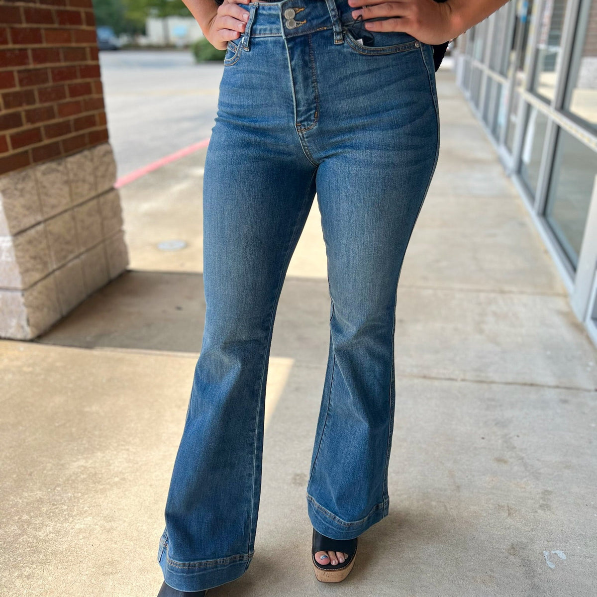Judy Blue High Waisted Double Button 33" Inseam Flare Leg Jeans with T ...